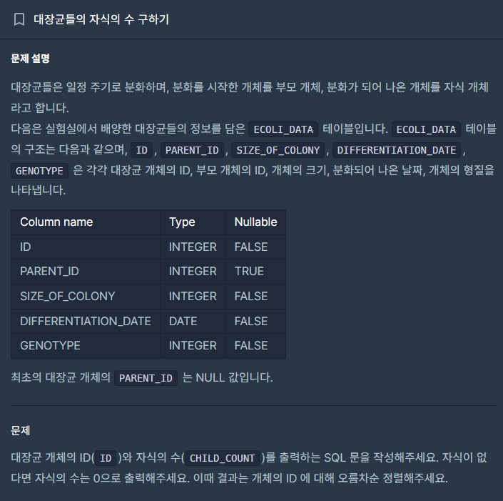 [PCSQL] SQL, 대장균들의 자식의 수 구하기