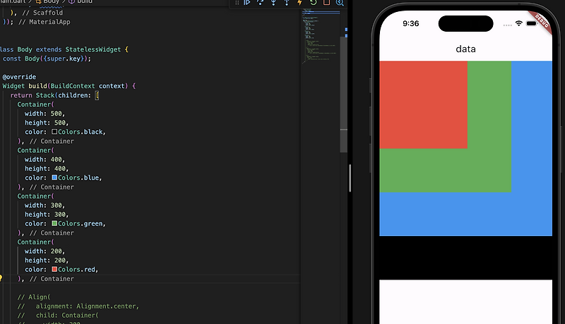 Flutter - Stack, Align, Positioned. 위젯을 겹겹히 쌓아올리기!
