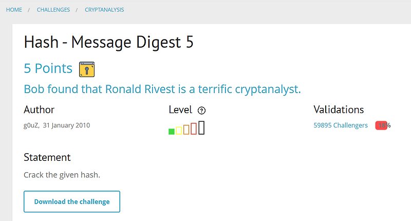 Root Me [cryptanalysis] Hash - Message Digest 5