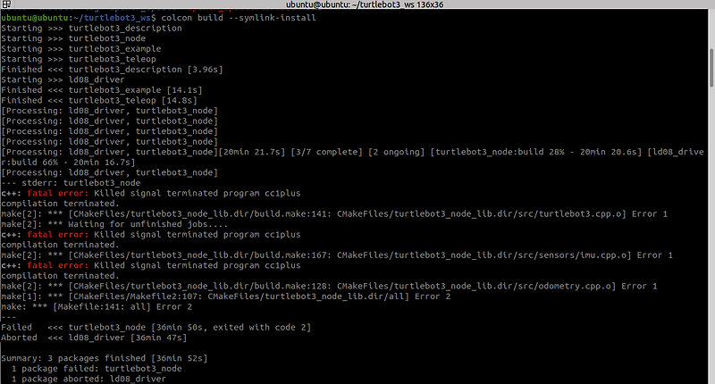 [Turtlebot3] c++: fatal error: Killed signal terminated program cc1plus
