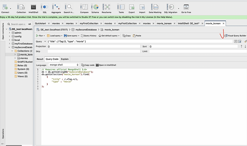studio 3T Visual Query Builder를 이용한 쿼리 역추출