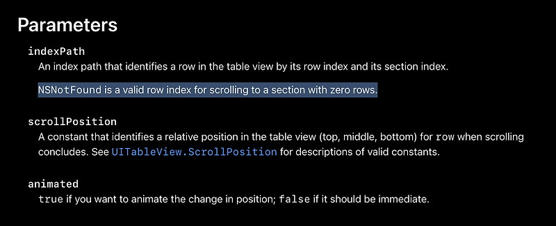 [iOS - swift] NSNotFound로 안전하게 IndexPath 접근하는 방법 (# scrollToRow, #IndexPath)
