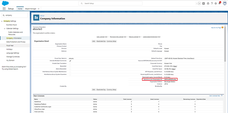 세일즈포스(salesforce) Organization Id 확인방법
