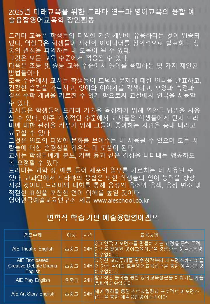 2025년 야름방학 미래교육을 위한 드라마 연극과 영어교육의 융합 예술융합영어교육학 창안활동 영어연극 영어뮤지컬 만들기