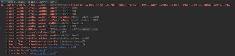 Unknown initial character set index '255' received from server.
