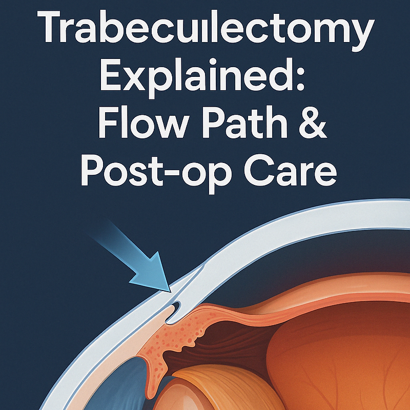 Trabeculectomy flow pathway, expained, post op care, pre op care