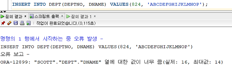 [oracle Error] Ora 12899 User Table Column 열에 대한 값이 너무 큼 실제 X 최대값 N Value Too
