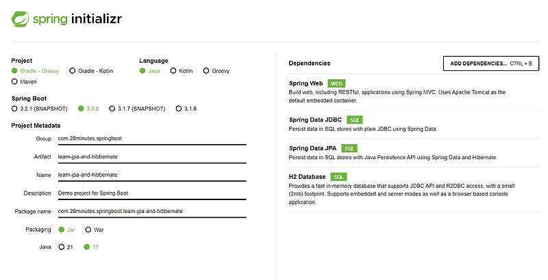Spring Boot - JPA와 Hibernate를 추가한 프로젝트 생성하기