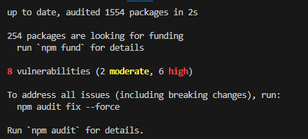 [오류해결] To address all issues (including breaking changes), run: npm audit fix --force