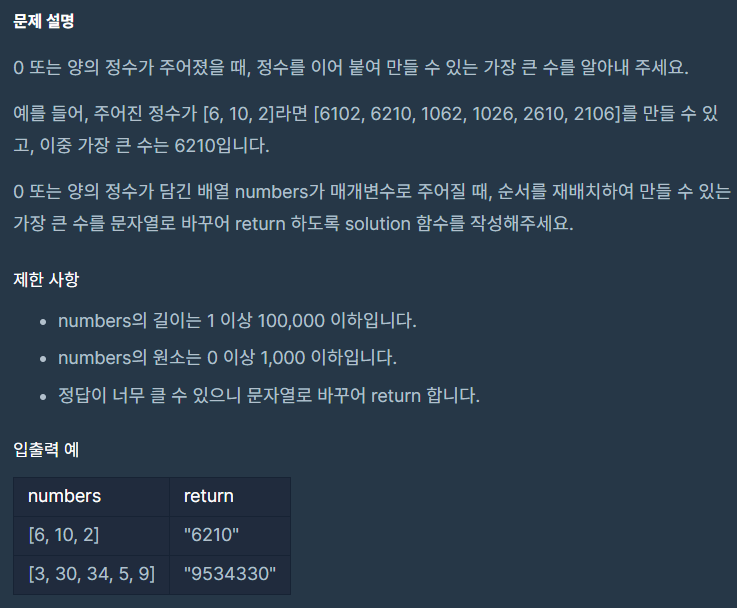 프로그래머스코딩테스트 연습lv2 가장 큰 수 파이썬python — 해시태그코딩 Coding