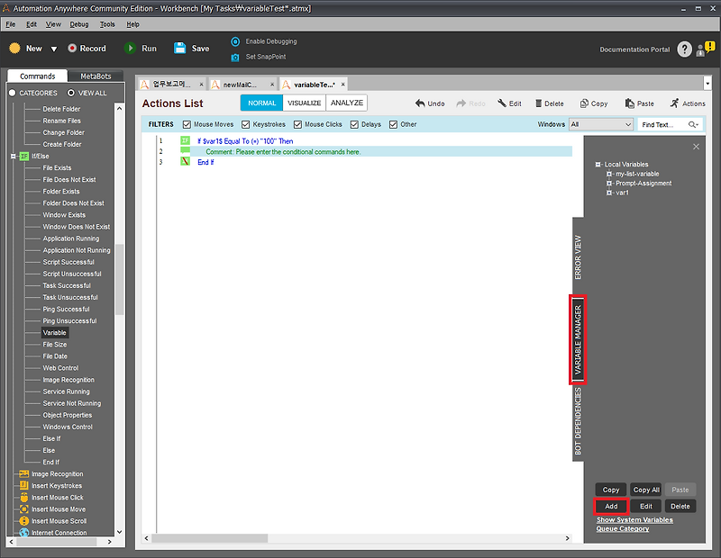 [RPA] AA - 메세지박스 사용해보기, 변수 생성, if else문 :: 싹튼