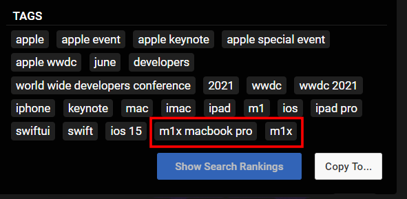 WWDC21 YouTube 해시 태그에 M1X MacBook Pro 등록