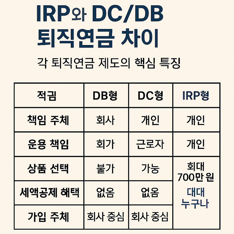 📝 제목: IRP와 DC/DB 퇴직연금 차이 – 선택 전 꼭 알아야 할 핵심 포인트