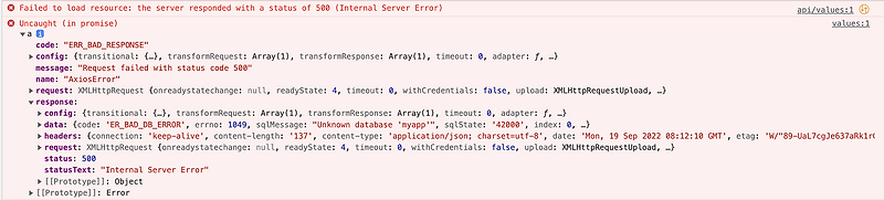 {code: 'ER_BAD_DB_ERROR', errno: 1049, sqlMessage: "Unknown database ...