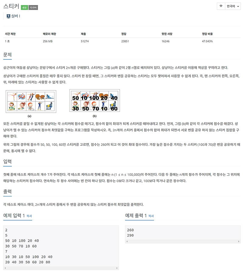 백준 9465번 - 스티커 [DP/자바 JAVA]