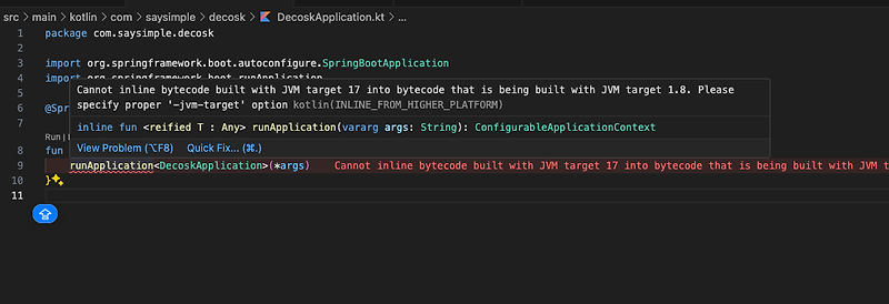 [Spring Boot] Cannot inline bytecode built with JVM target 17 into bytecode that is being built ...