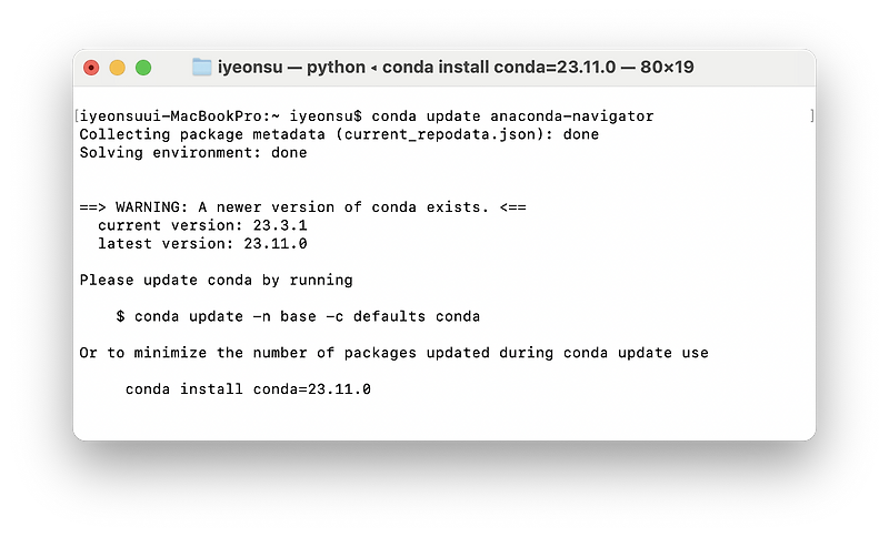 [mac] Anaconda 가상환경 업데이트 오류 해결(Solving environment: failed with initial frozen solve. Retrying ...