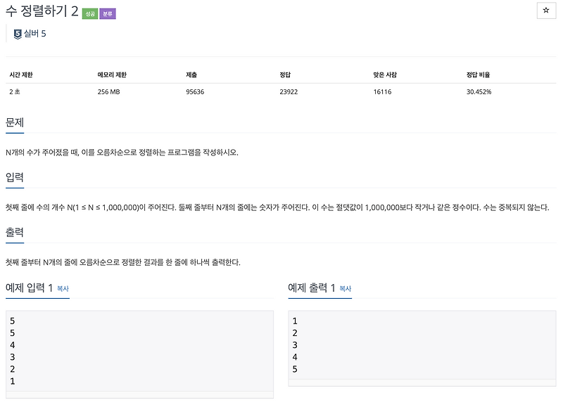 백준(Baekjoon) 2751번 : 수 정렬하기 2 (JAVA) 문제 풀이 — iseunghan