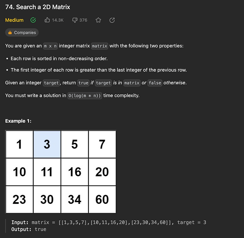 리트코드 74. Search a 2D Matrix JAVA
