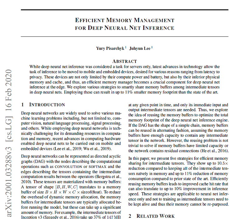 Efficient Memory Management for Deep Neural Net Inference