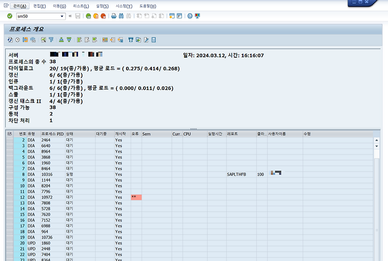 [SAP] 서버 작업 프로세스 확인하는 법 (T-CODE: SM50)