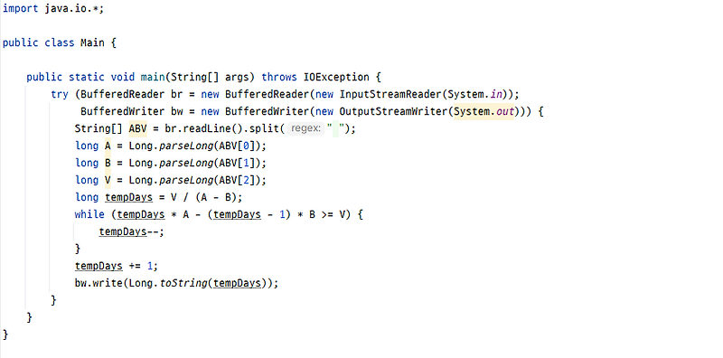 백준 2869 - 달팽이는 올라가고 싶(JAVA)
