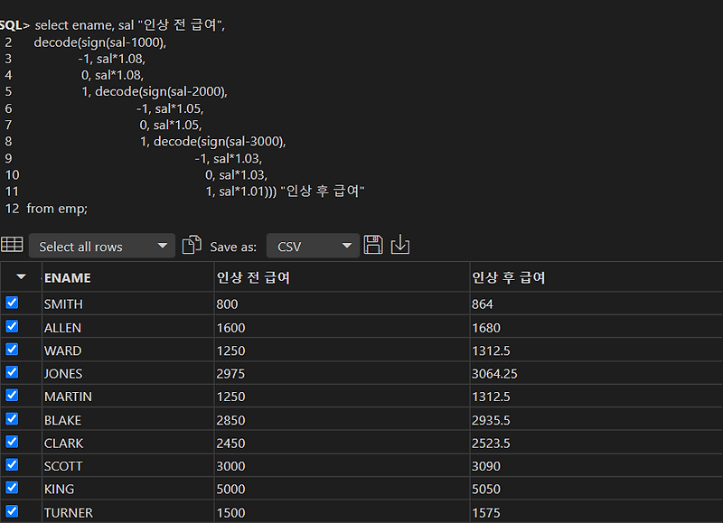 [Oracle] 급여에 따라 급여 인상율 다르게 적용하기 (decode, case, sign)
