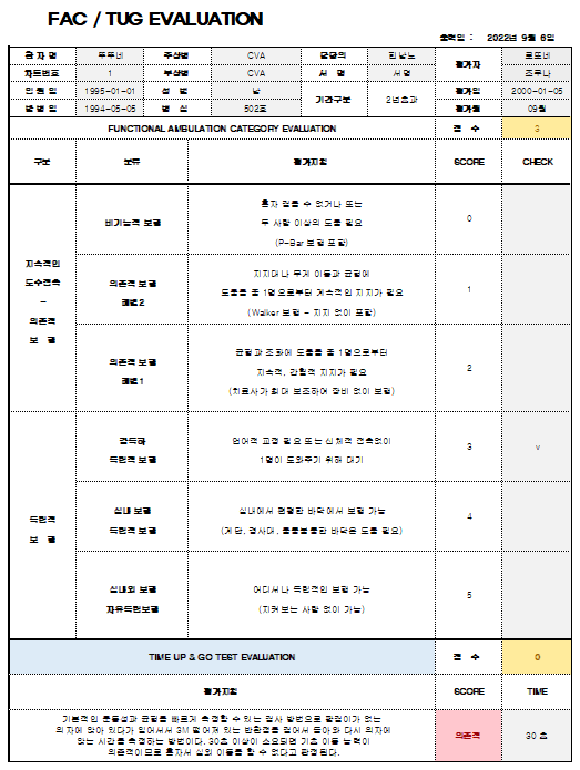 FAC 환자평가표와 TUG 환자평가표 엑셀 자동 서식 파일