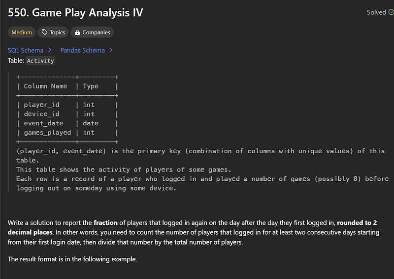 [MySQL][Leet Code] 550. Game Play Analysis IV (Medium)