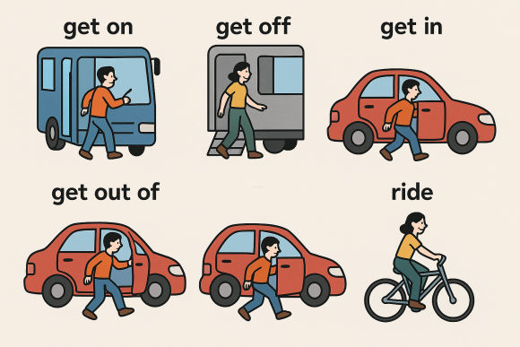 타다, 내리다 영어로 get on, get in, get off, get out of, ride