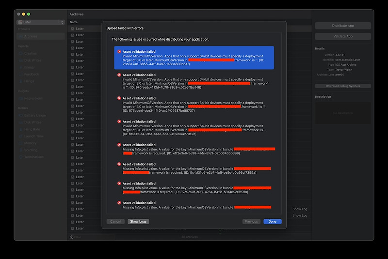 Invalid MinimumOSVersion. Apps that only support 64-bit devices must specify a deployment target ...