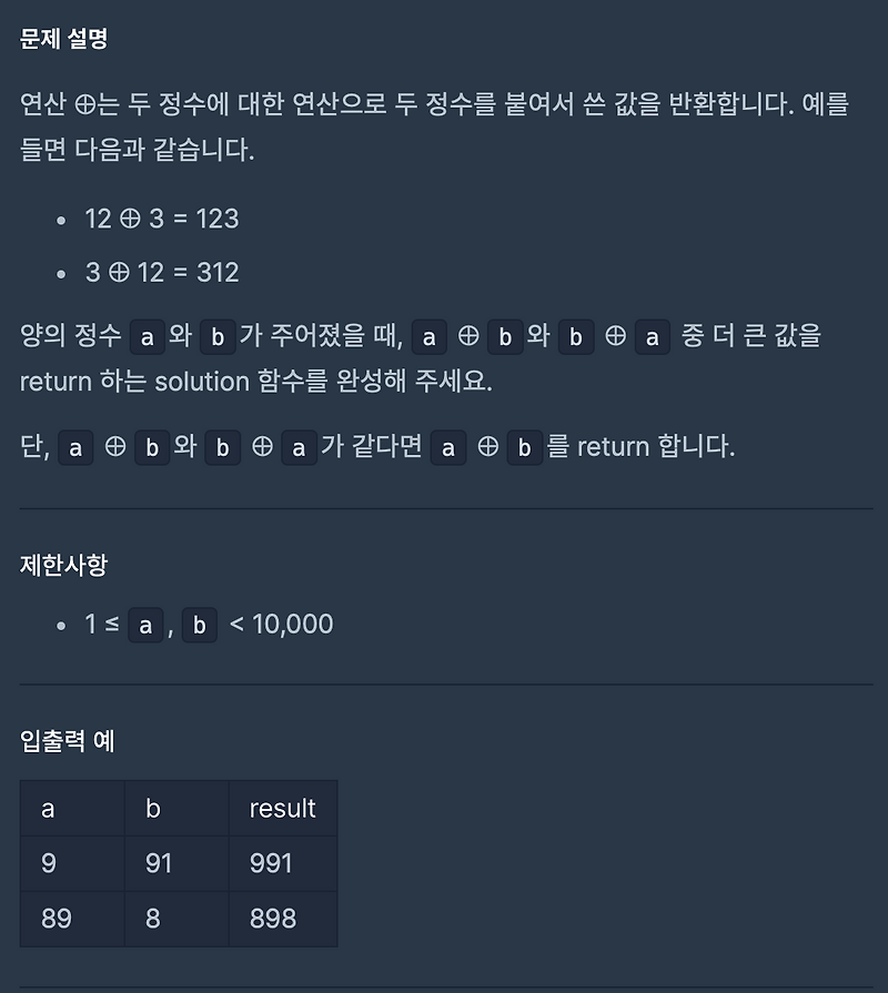 [프로그래머스] 더 크게 합치기 (Lv.0, Swift)