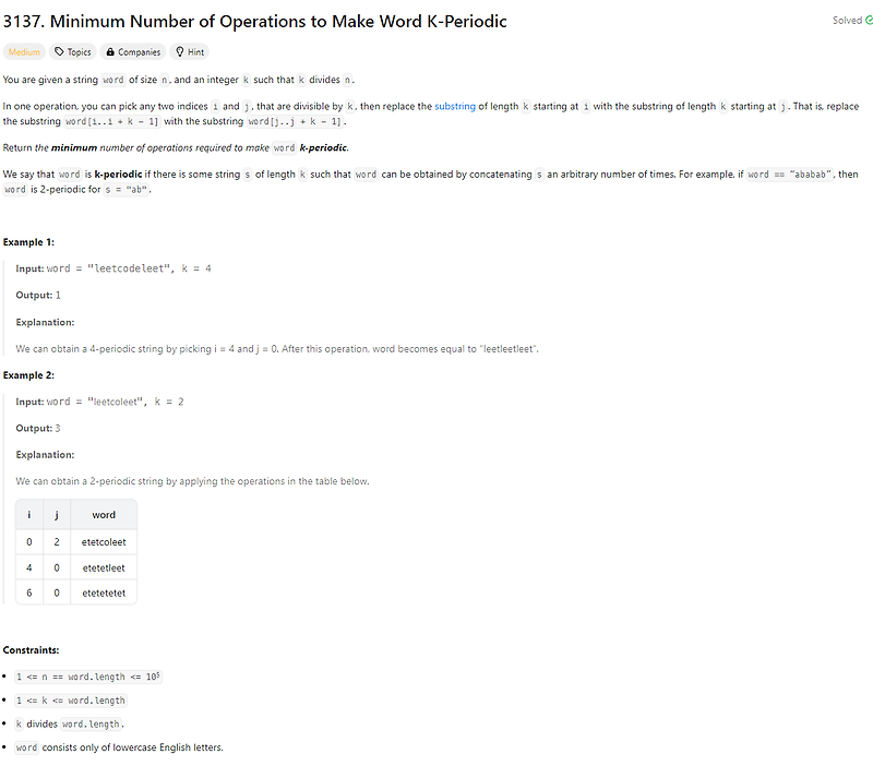 [Leetcode]3137. Minimum Number of Operations to Make Word K-Periodic