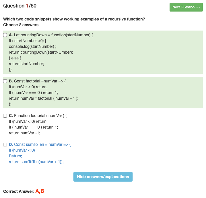(1/60) Which two code snippets show working examples of a recursive ...