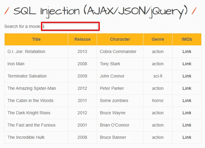 A1-Injection SQL Injection (AJAX/JSON/jQuery) 비박스(bWAPP)