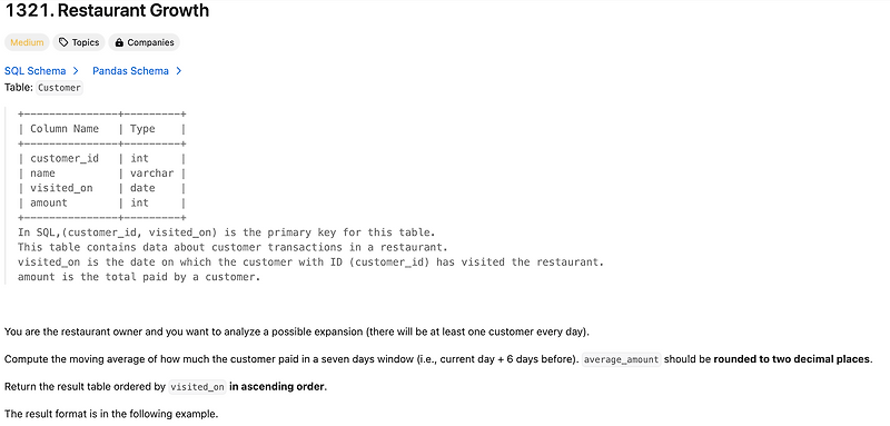 [LeetCode-SQL 50] 1321. Restaurant Growth