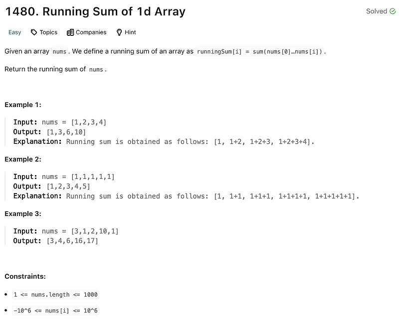 LeetCode [1480]: Running Sum of 1d Array — 개발하는 장씨