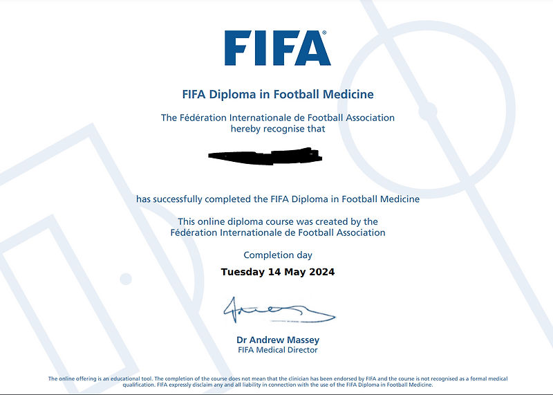 FIFA 인증 취득(FIFA Diploma in Football Medicine)