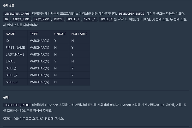 프로그래머스 [276013] Python 개발자 찾기 LV1. MySQL