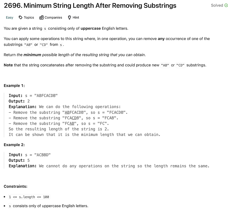 LeetCode [2696]: Minimum String Length After Removing Substrings — 개발하는 장씨