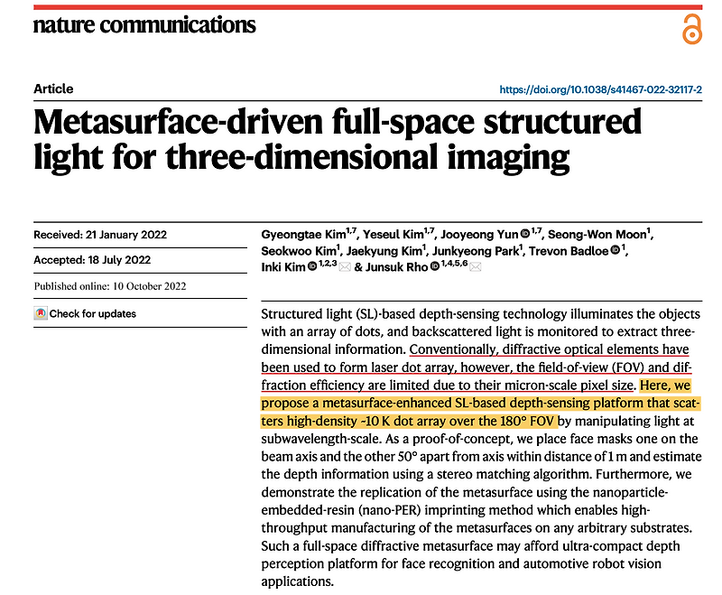 [논문리뷰]Metasurface-driven full-space structuredlight for three-dimensional imaging :: Jimmy's
