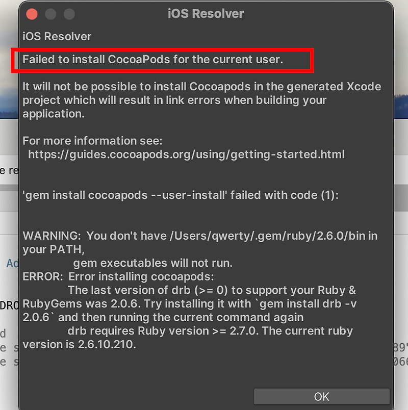 유니티 iOS 빌드 2 - iOS Resolver에서 CocoaPods(코코아팟) 설치 실패
