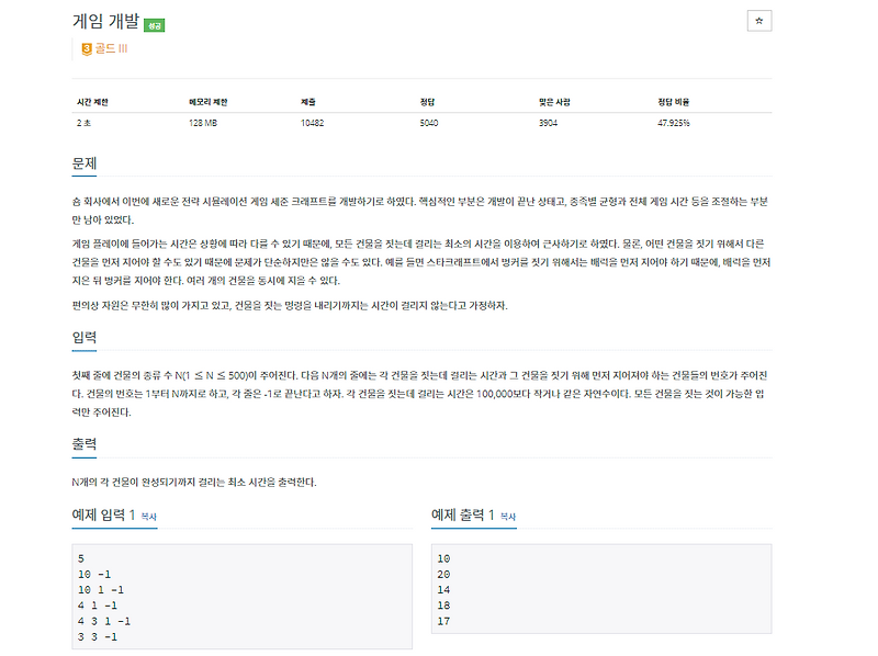 [BOJ 1516] 백준 1516번 - 게임 개발