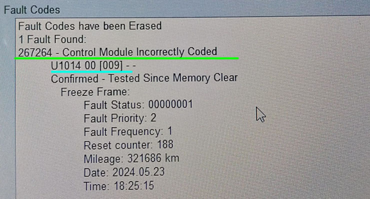 267264 - Control Module Incorrectly Coded(잘못 코딩됨)