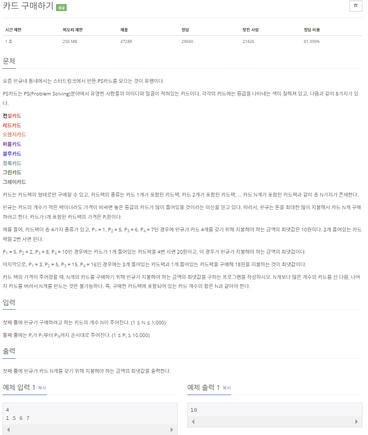 (JAVA) 백준온라인 11052번 - 카드 구매하기