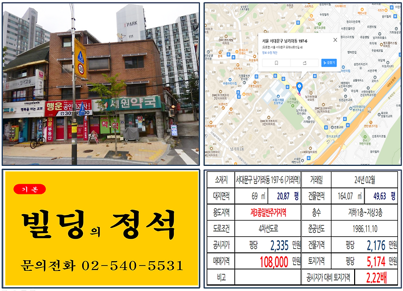 서대문구 가재울뉴타운 10억 꼬마빌딩 실거래가 조회 남가좌동 197-6 (가좌역) 10억 8000만 원, 평당 5174만 원 ...