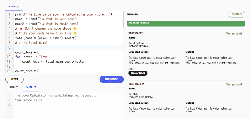 [python] DAY 3 - LOVE CALCULATOR 풀기
