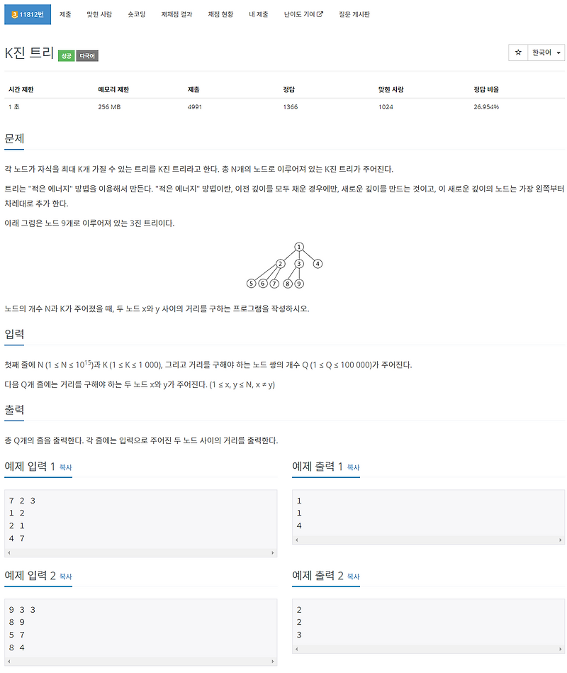 [자바] 백준 11812 - K진 트리 (java) - Nahwasa