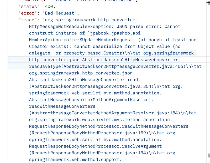 400에러 HttpMessageNotReadableException: JSON parse error: Cannot construct instance of `jpabook ...