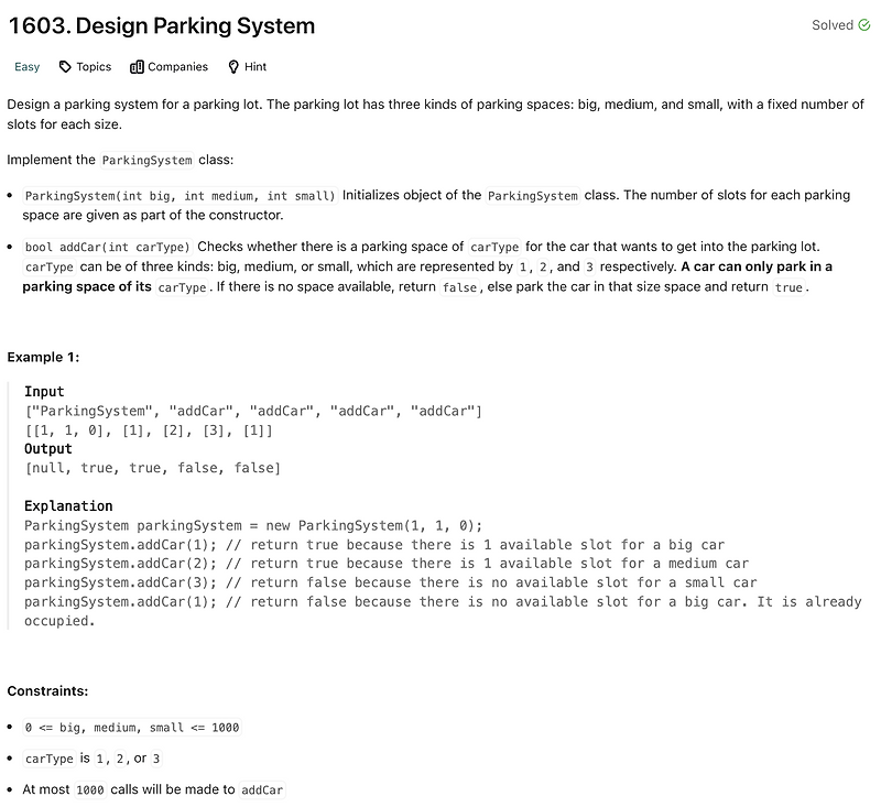 LeetCode [1603]: Design Parking System — 개발하는 장씨